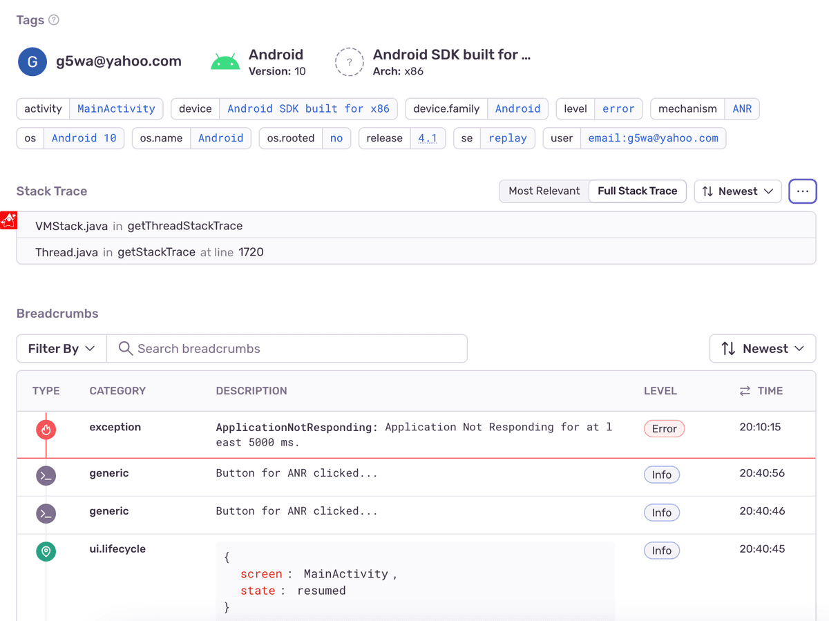 Android Crash Reporting and Performance Monitoring | Sentry